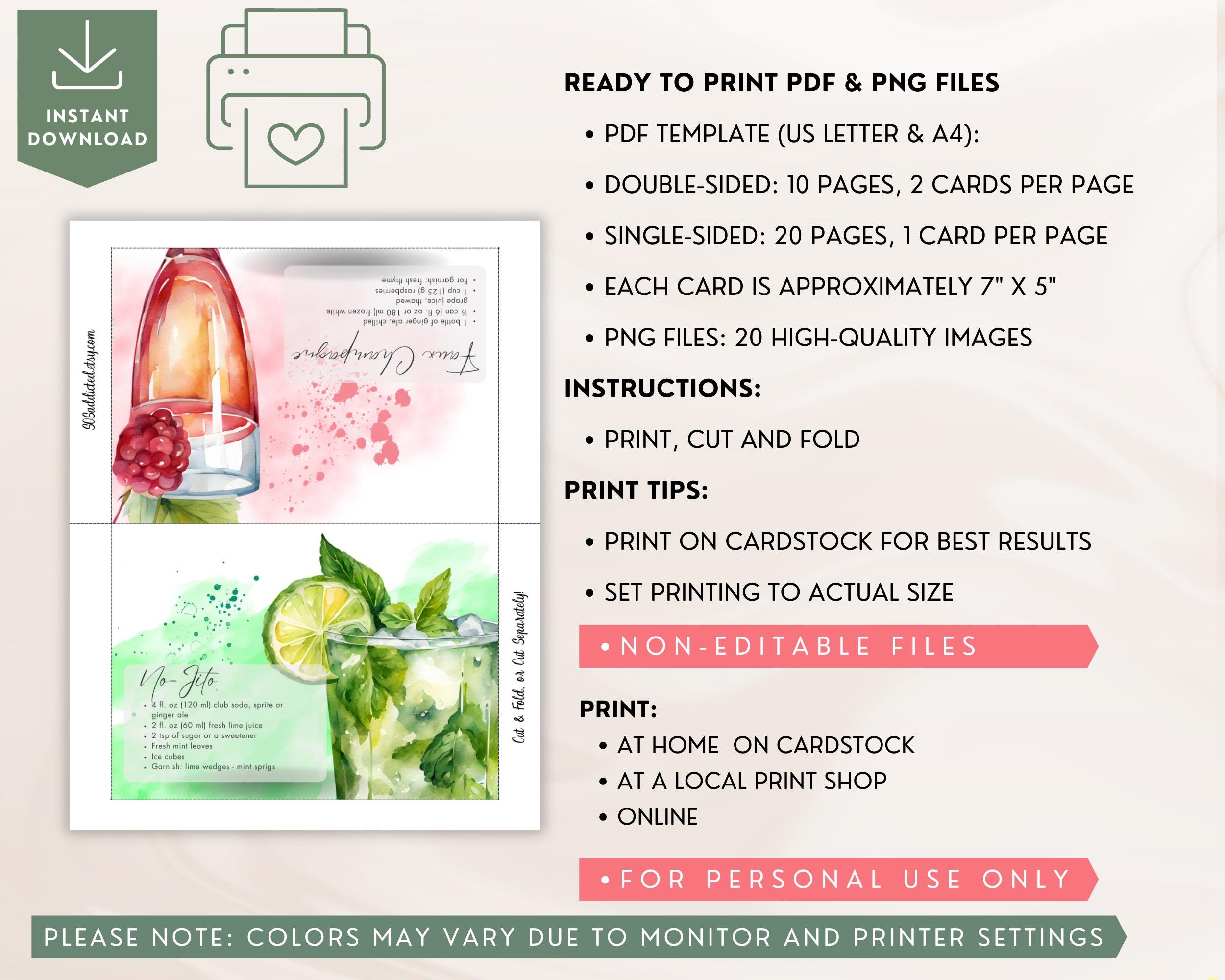 Mocktail Recipe Cards, 20 Alcohol-free Drinks Flashcards, Watercolor ...