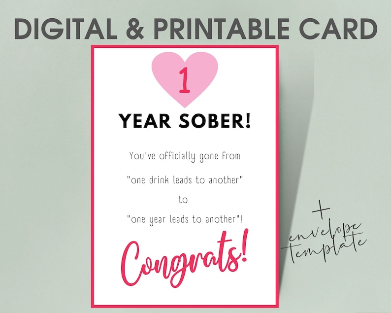 One Year Sober Printable Card for Soberversary, Sobriety Gift for Women ...