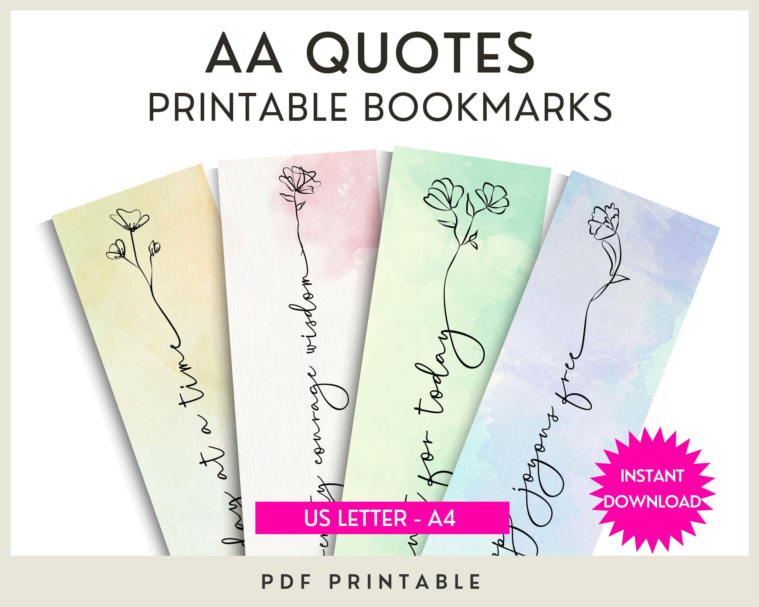 Bookmarks Set One Day at A Time, AA Quotes and Sayings, Printable PDF ...