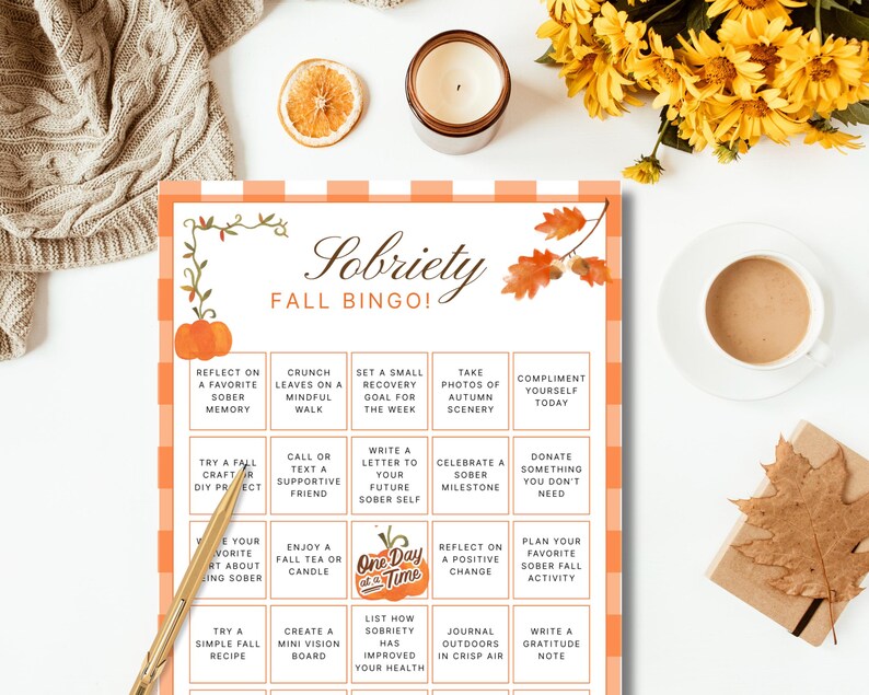 Fall Sobriety Bingo Printable, Addiction Recovery Game, Autumn Themed ...