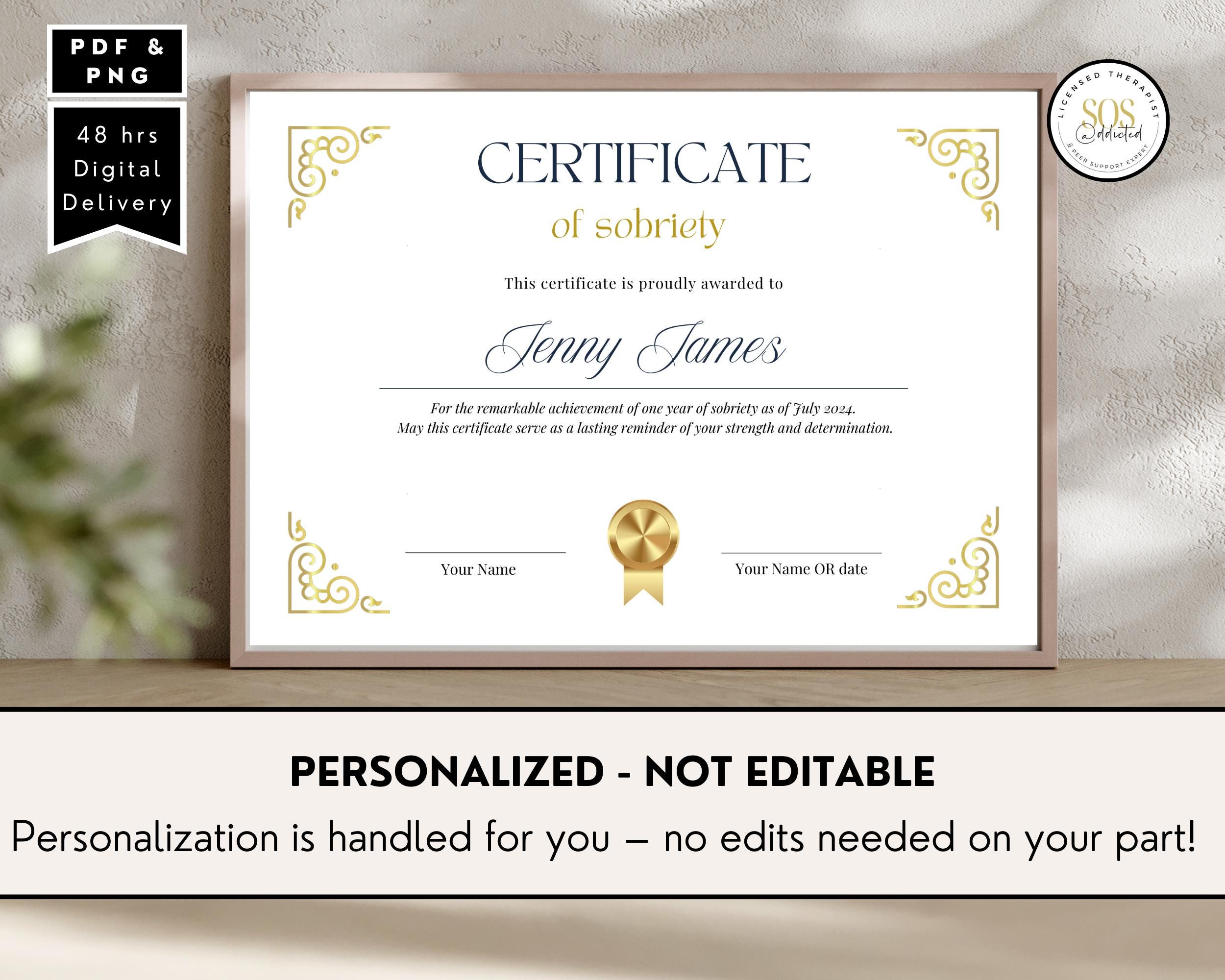 Personalized Sobriety Certificate, Printable Award Made to Order ...