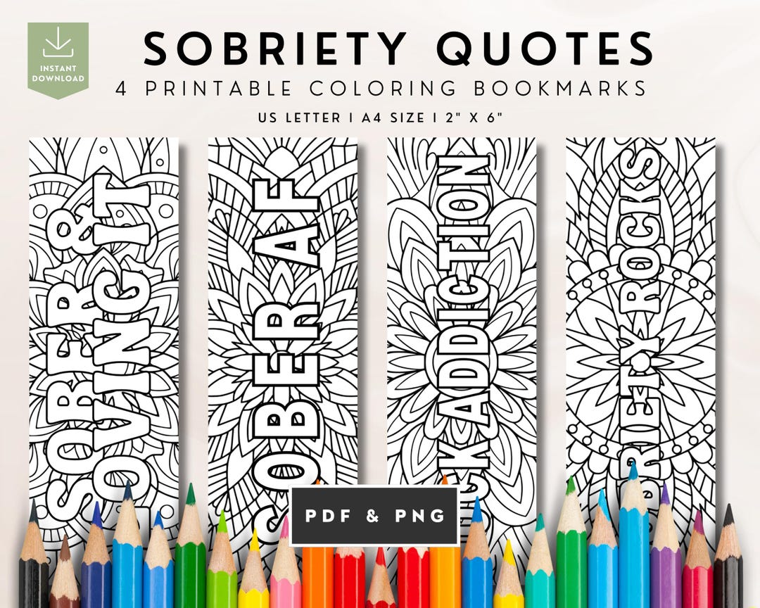 Sobriety Coloring Bookmarks, Printable Addiction Recovery Book Mark Set ...