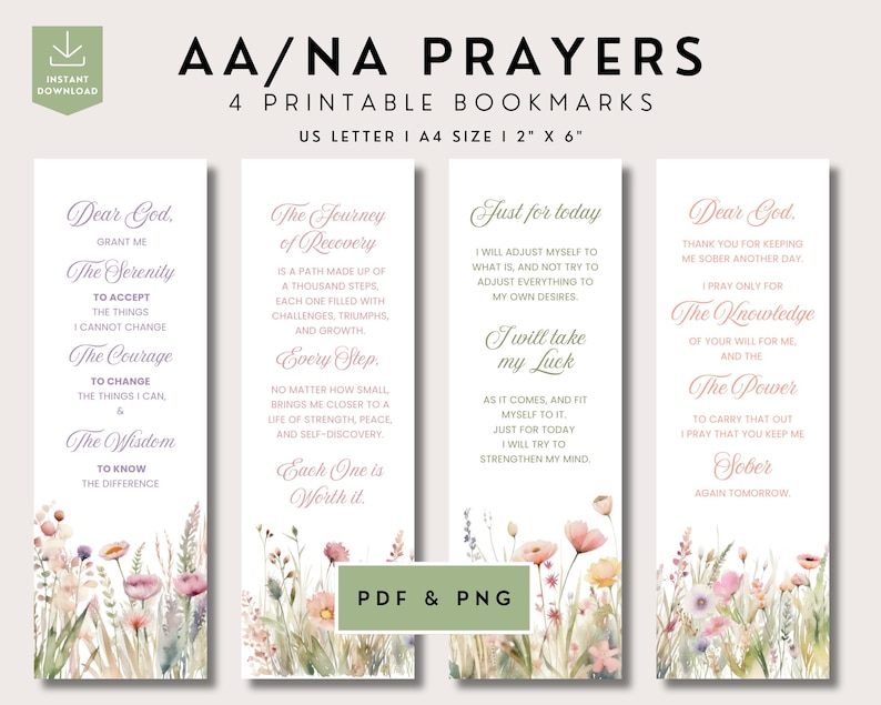 AA NA Al Anon Prayers Bookmark Set, Floral Serenity Prayer, Narcotics ...