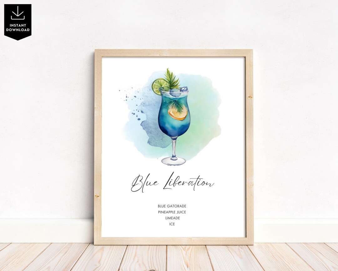 Blue Watercolor Mocktail Printable Poster, Non-alcoholic Drink, Home ...