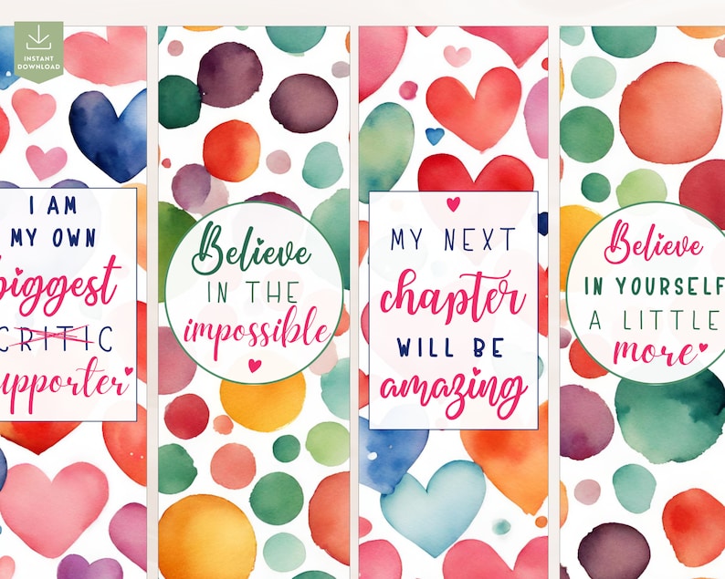 Daily Affirmations Printable Bookmark Set of 4, Watercolor Hearts ...