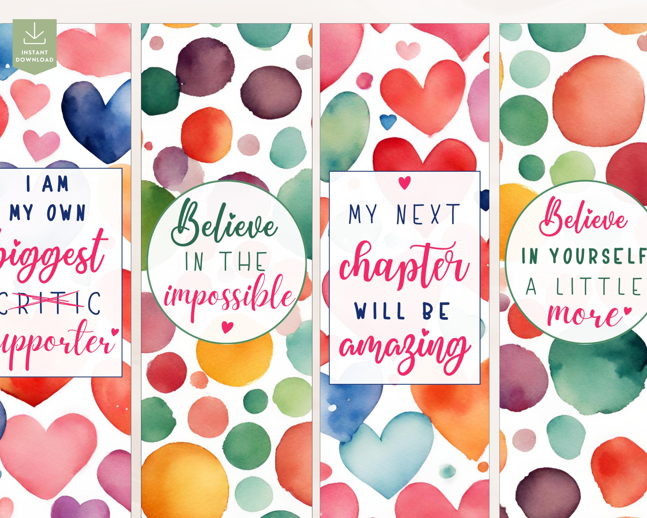 Daily Affirmations Printable Bookmark Set of 4, Watercolor Hearts ...