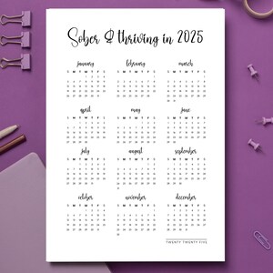 Sober and Thriving in 2025, Yearly Calendar, Printable Minimal Planner ...