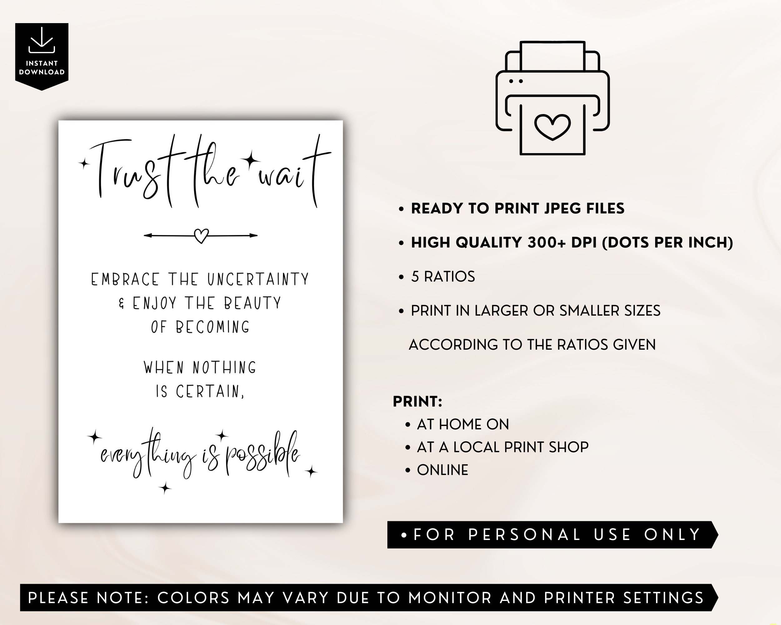 Trust the Wait Printable Poster, Black and White Digital Art for Home ...