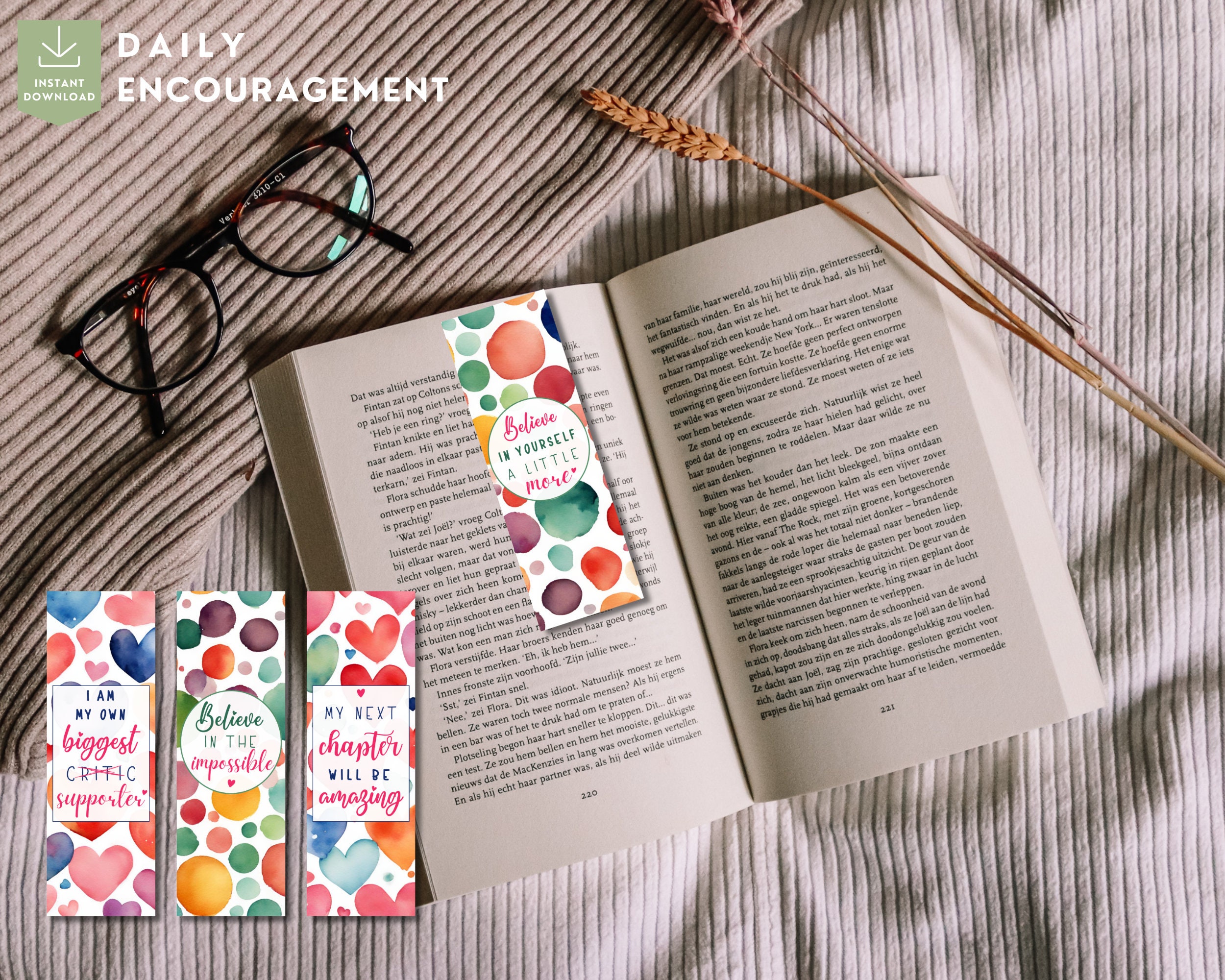 Daily Affirmations Printable Bookmark Set of 4, Watercolor Hearts ...