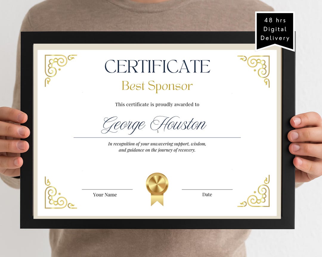 Personalized Sponsor Certificate, Printable Award Made to Order, Custom ...
