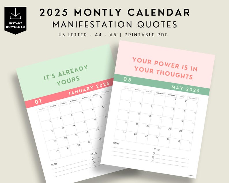 Manifestation Quotes Printable Monthly Calendar 2025, Bright Pastels ...