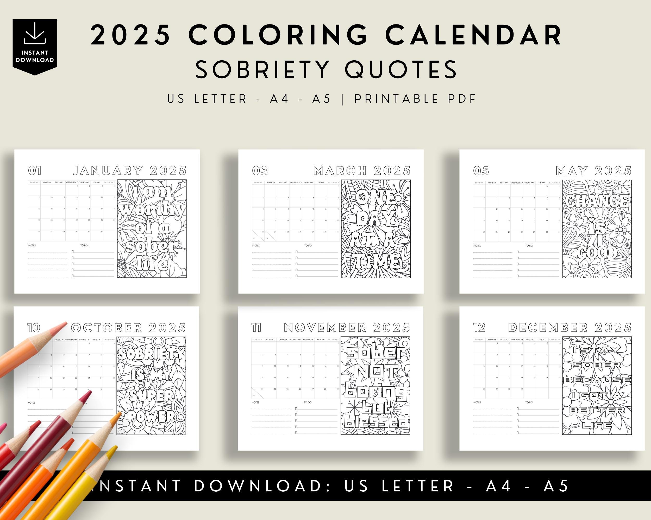 Calendario para colorear imprimible de 2025 con citas sobre la ...