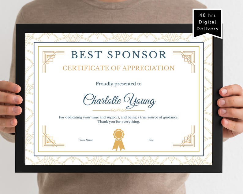 Custom Best Sponsor Certificate, Printable Award Made to Order ...