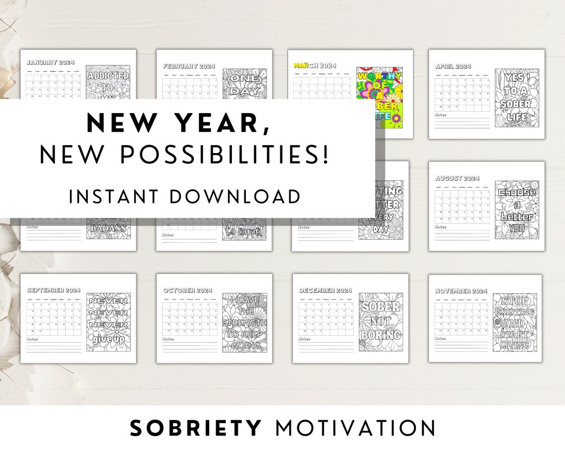Sobriety Calendar 2024, Monthly Adult Coloring Pages, Sober Quotes ...