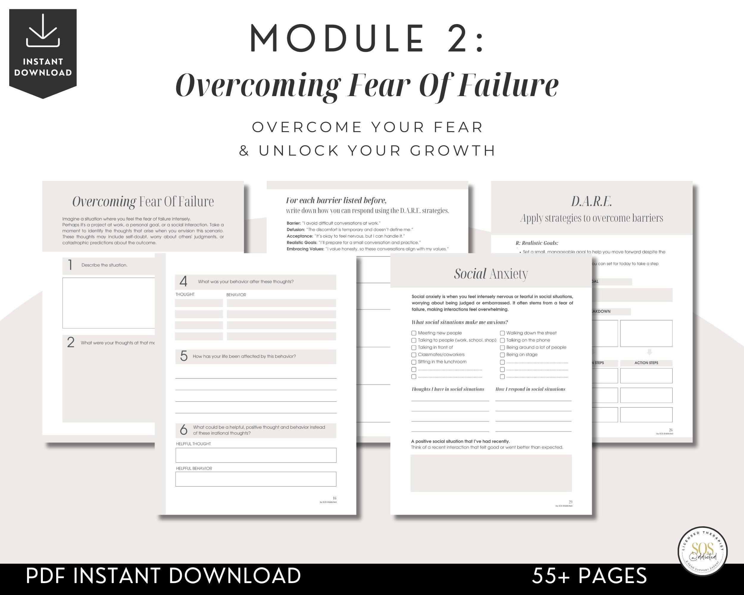 Fear of Failure Therapy Worksheets, Printable and Fillable Individual ...