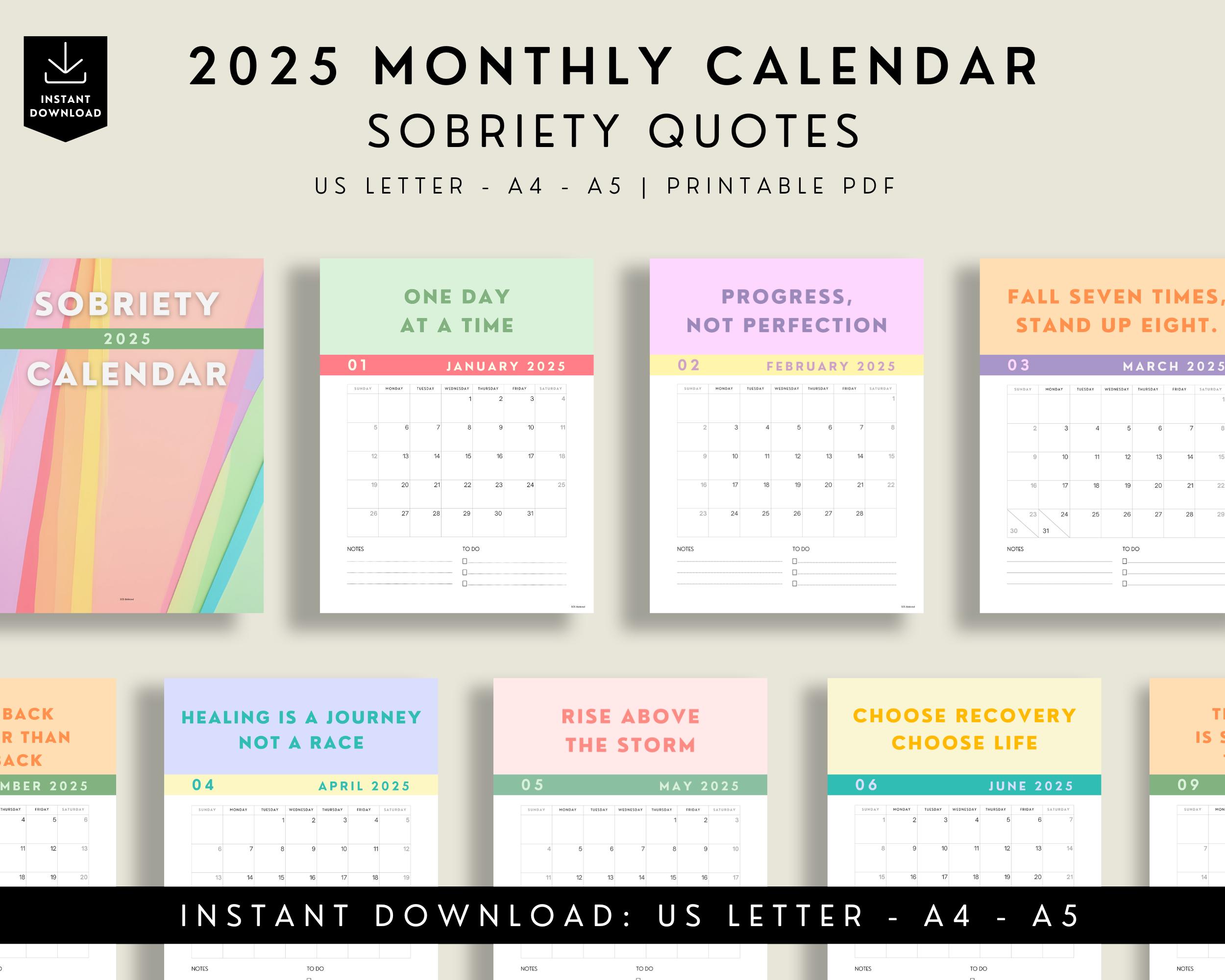 2025 Sobriety Calendar Motivational AA Quotes, Printable Monthly ...