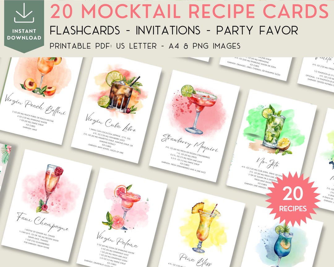 Mocktail Recipe Flashcards, 20 Alcohol-free Drinks Ingredients Cards ...