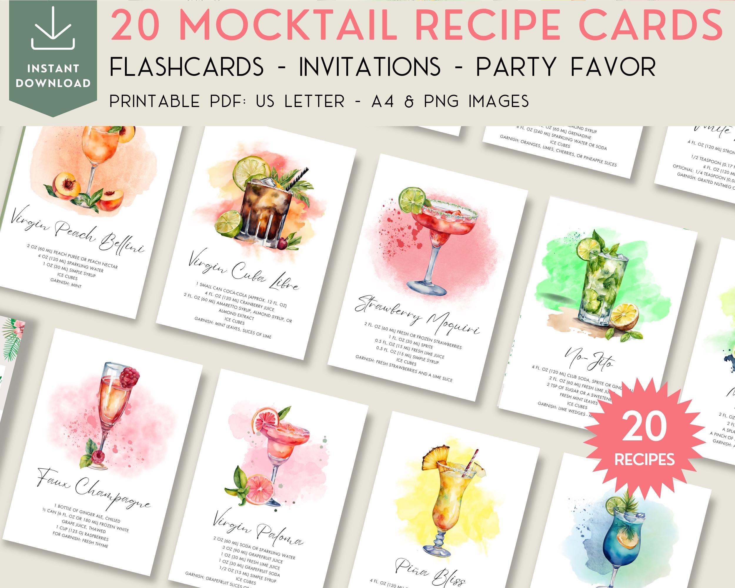 Mocktail Recipe Flashcards, 20 Alcohol-free Drinks Ingredients Cards ...