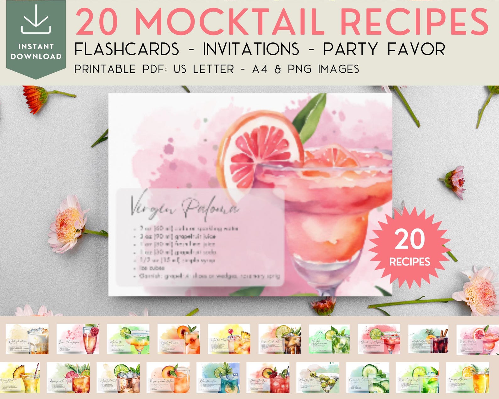 Mocktail Recipe Cards, 20 Alcohol-free Drinks Flashcards, Watercolor ...