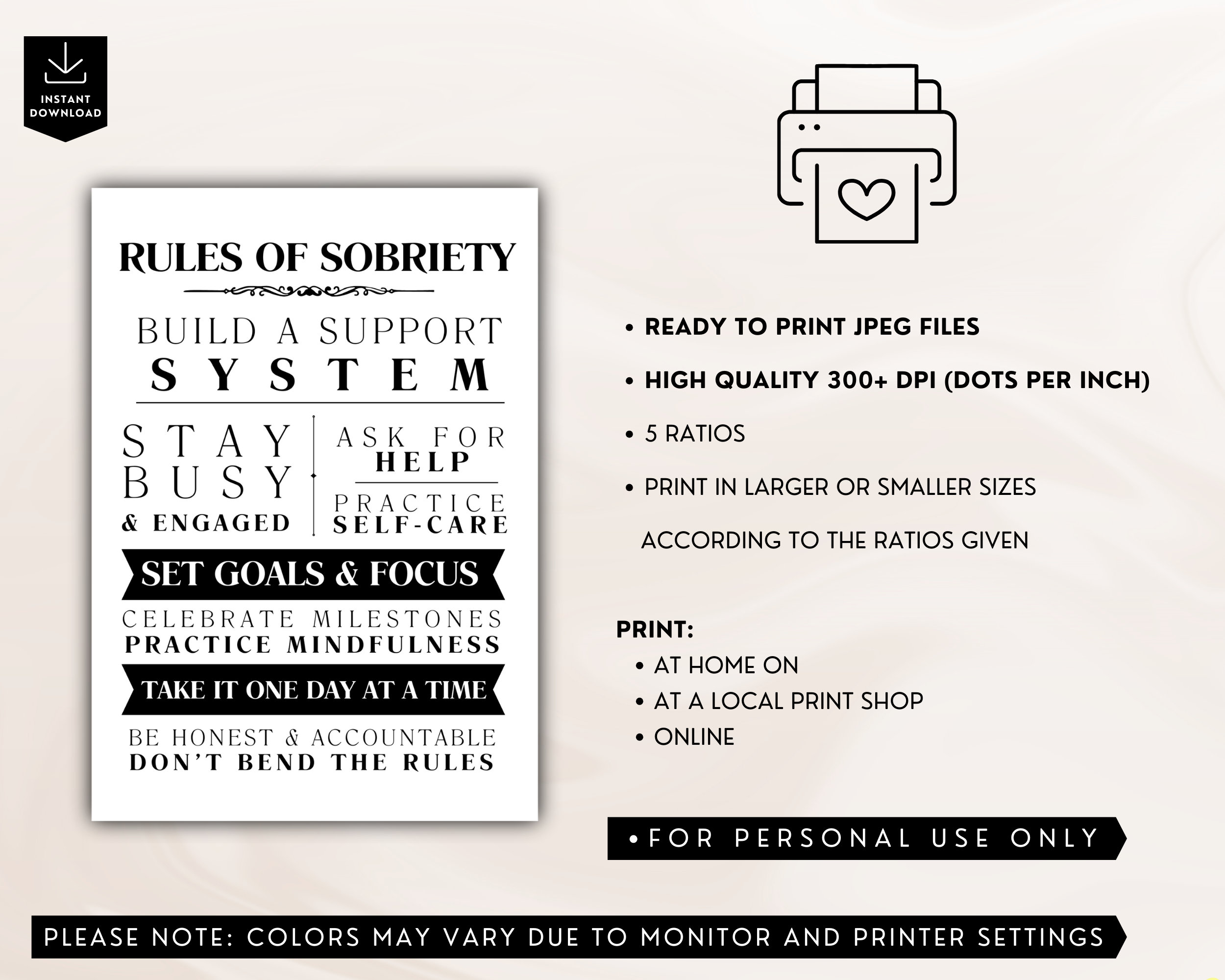 Rules of Sobriety Printable Poster, Motivational Addiction Recovery ...