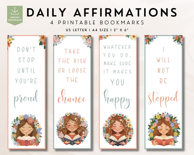 Cute Printable Bookmark Set With Daily Affirmations, Growth and ...