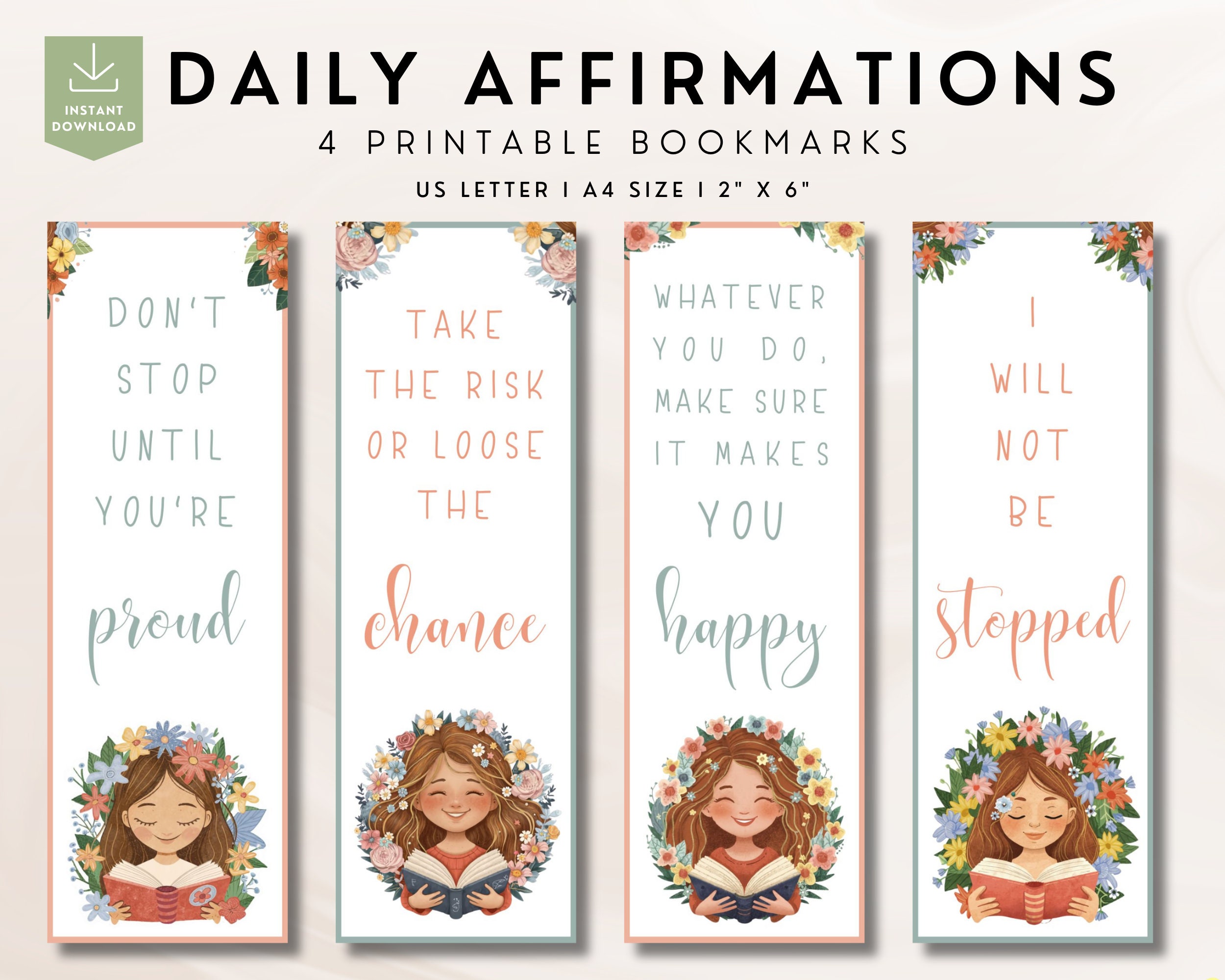 Cute Printable Bookmark Set With Daily Affirmations, Growth and ...