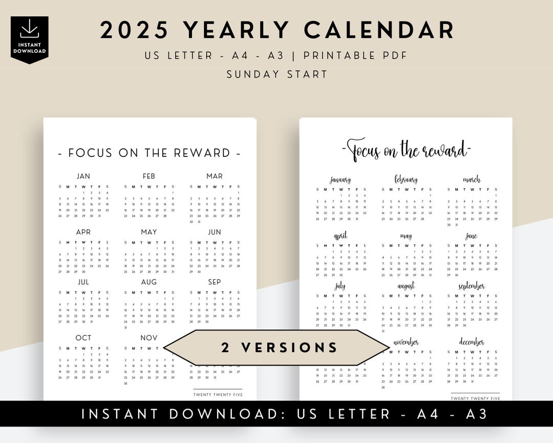 Focus on the Reward, 2025 Minimalist Year Calendar, Year at A Glance ...