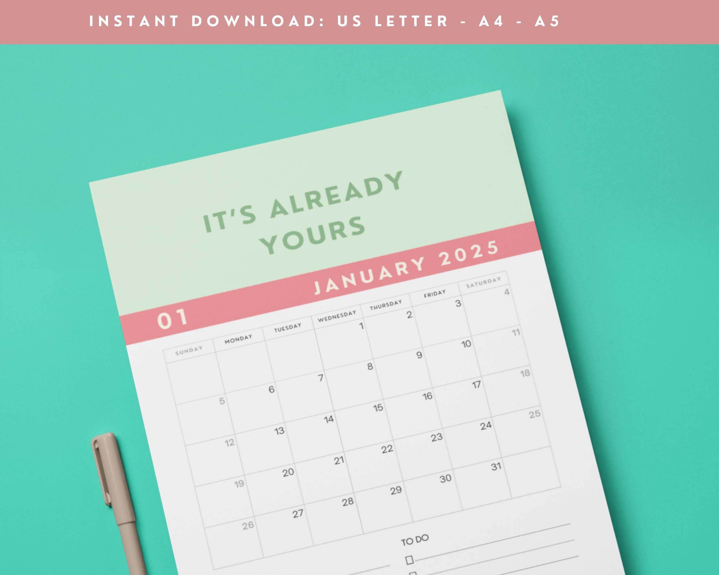 Manifestation Quotes Printable Monthly Calendar 2025, Bright Pastels ...