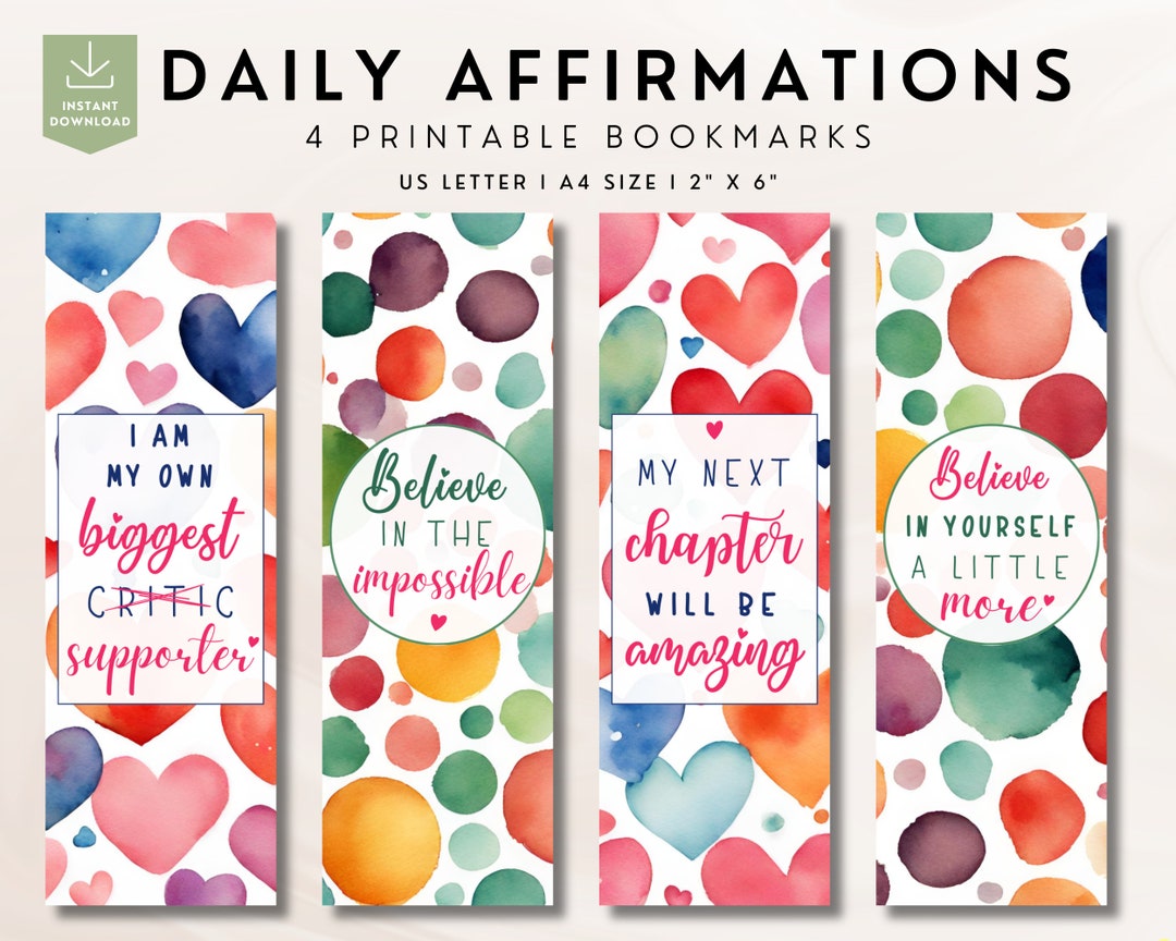 Daily Affirmations Printable Bookmark Set of 4, Watercolor Hearts ...