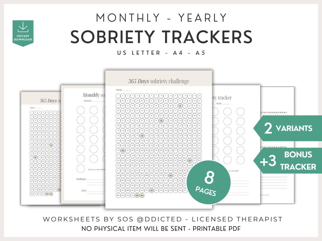Sobriety Tracker Printable Worksheets: Monthly & Yearly Addiction ...