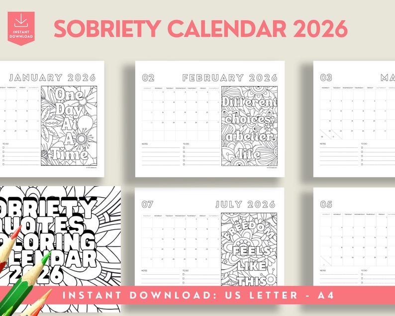 Sobriety Calendar 2026 With Monthly Coloring Pages & Sober Quotes ...