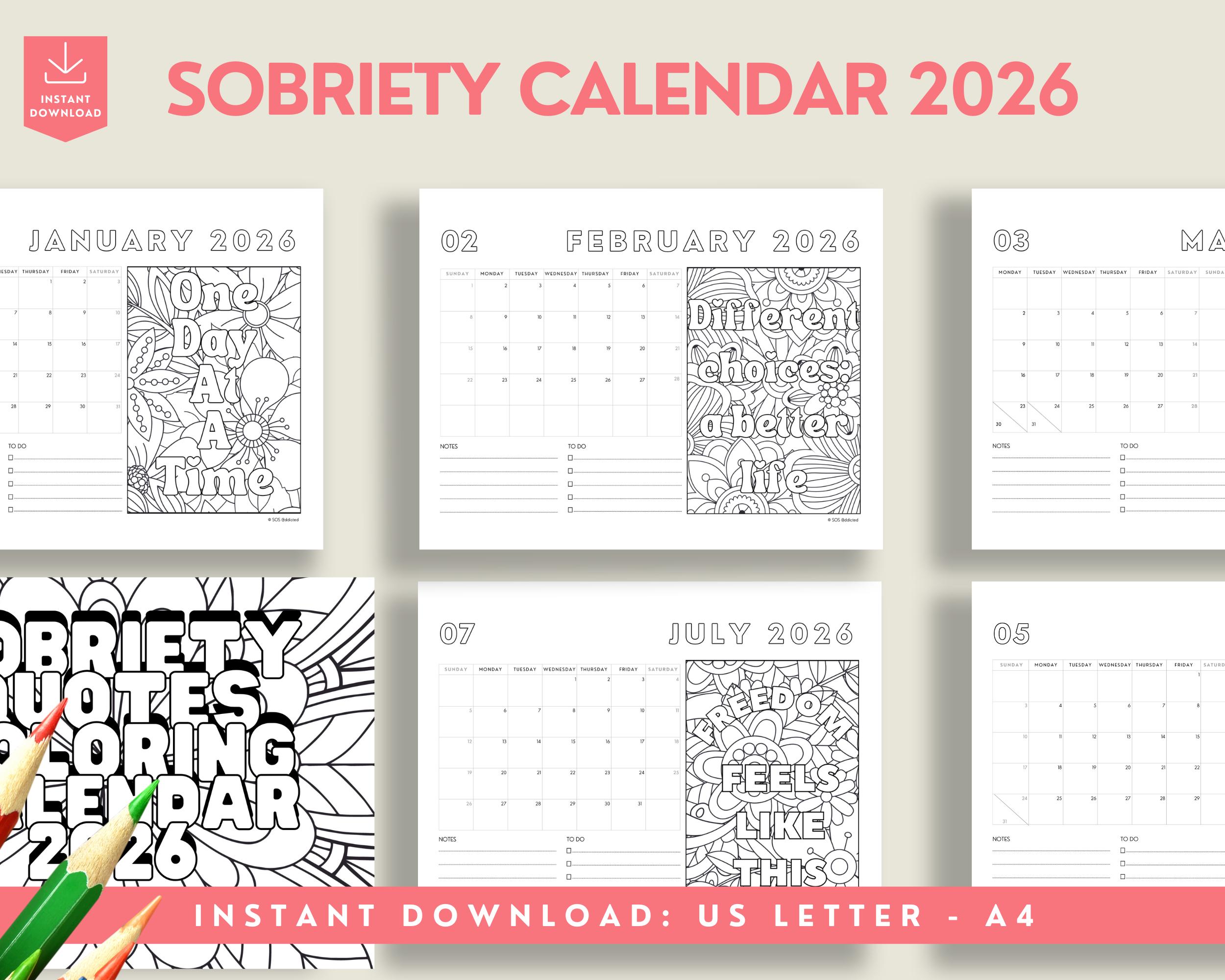 Sobriety Calendar 2026 With Monthly Coloring Pages & Sober Quotes ...