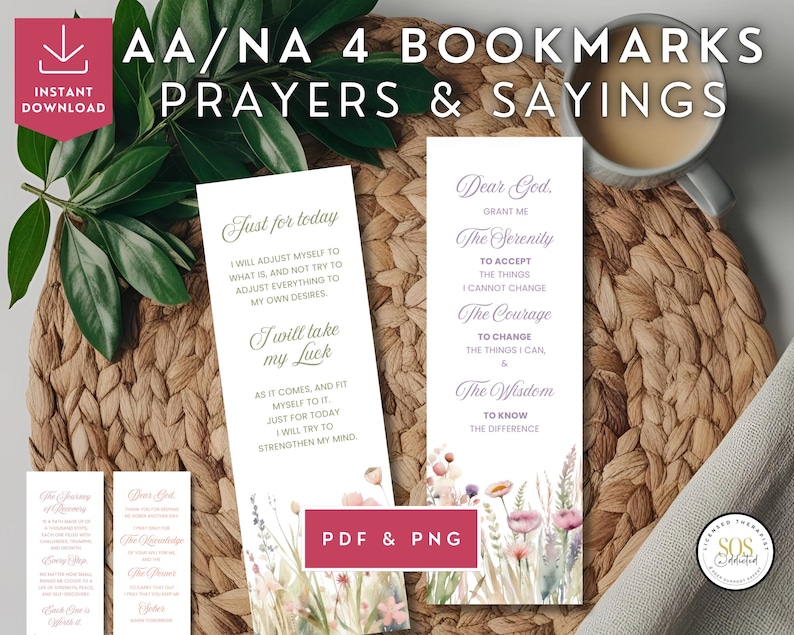 AA NA Al Anon Prayers Bookmark Set, Floral Serenity Prayer, Narcotics ...