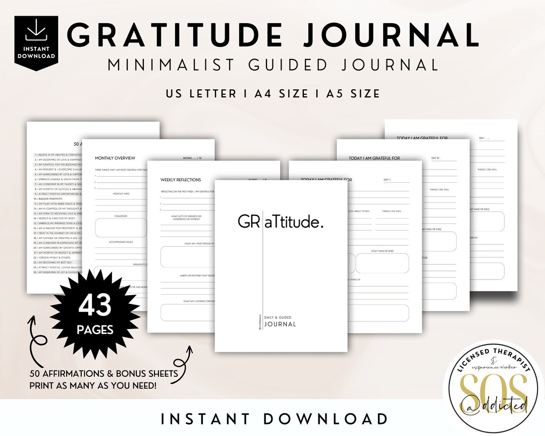 Minimal Gratitude Journal, 30 Day Guided Diary, Daily Weekly Monthly ...