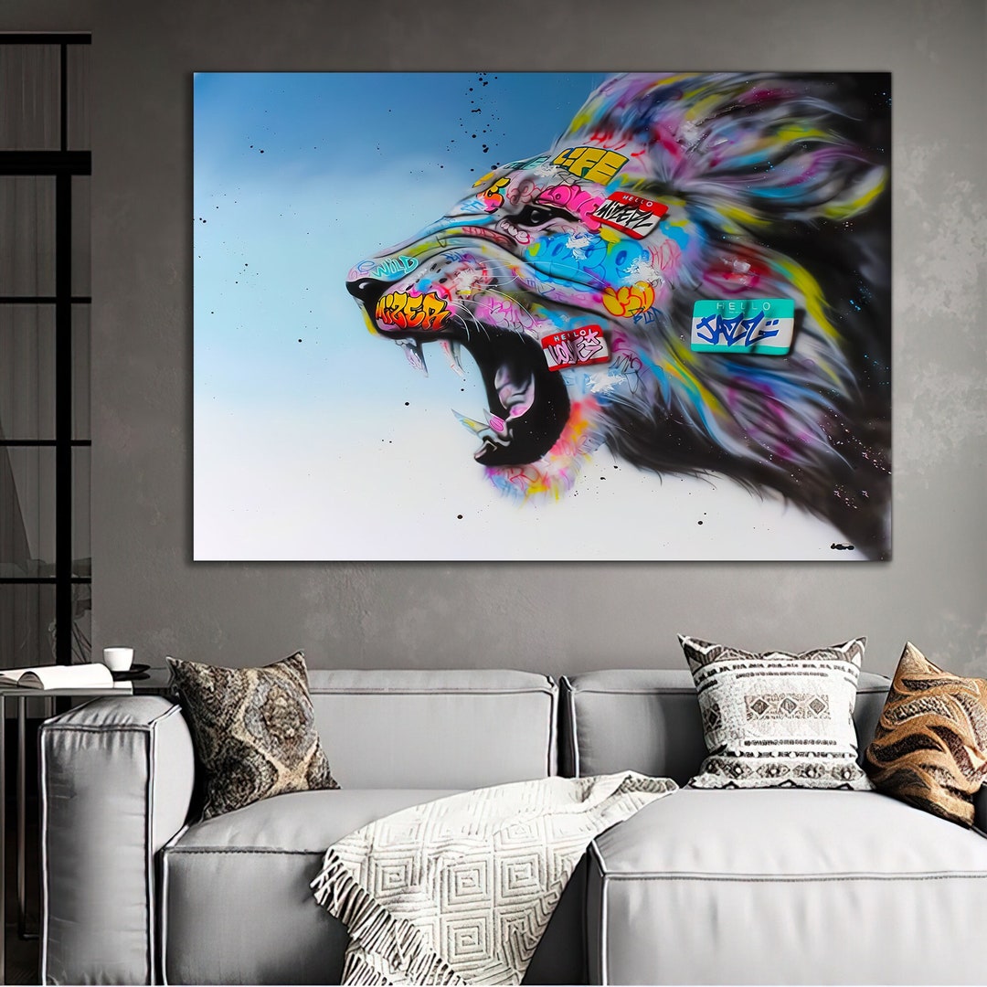Banksy Canvas, Graffiti Painting, Lion Painting, Lion Pop Art Print ...