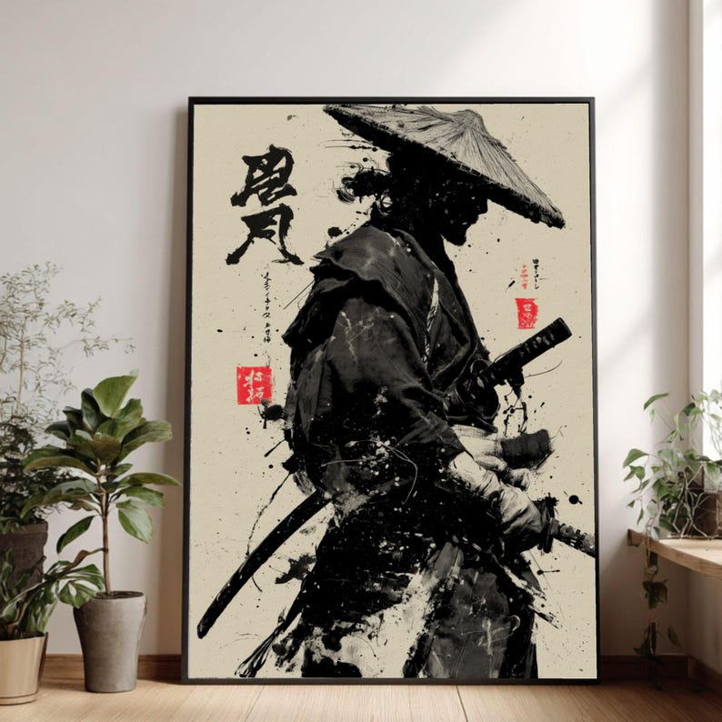 Traditional Samurai Warrior Art, Ink Splash Canvas, Japanese Katana ...