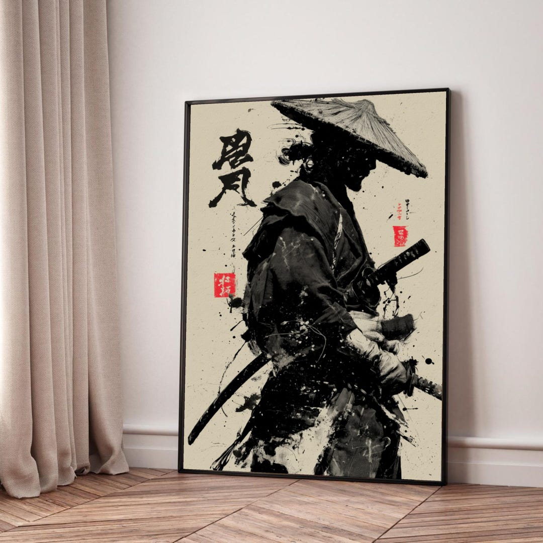 Traditional Samurai Warrior Art, Ink Splash Canvas, Japanese Katana ...
