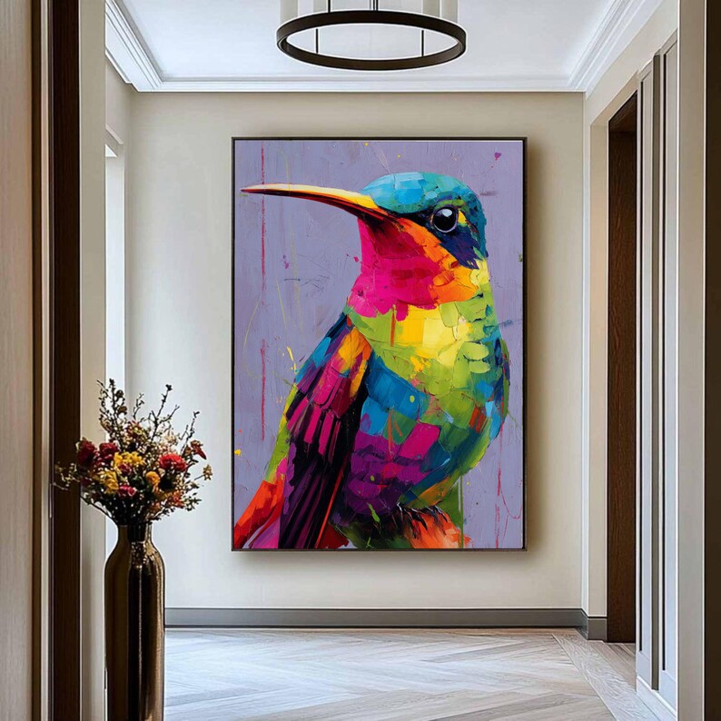 Vibrant Colorful Hummingbird Canvas, Modern Abstract Bird Wall Art ...