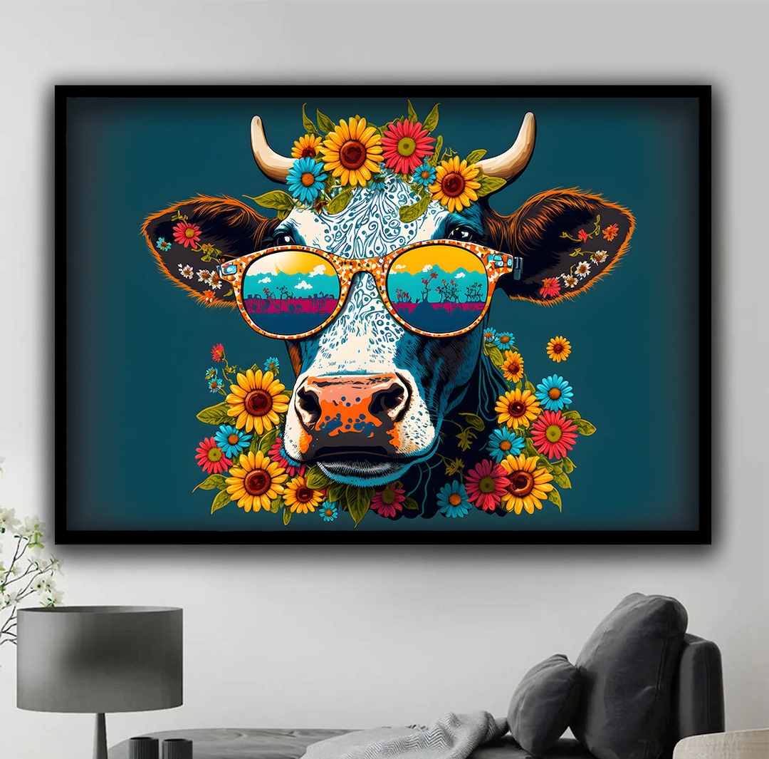 Floral Cow Canvas, Fancy Cow Wall Art, Bespectacled Cow Wall Decor ...