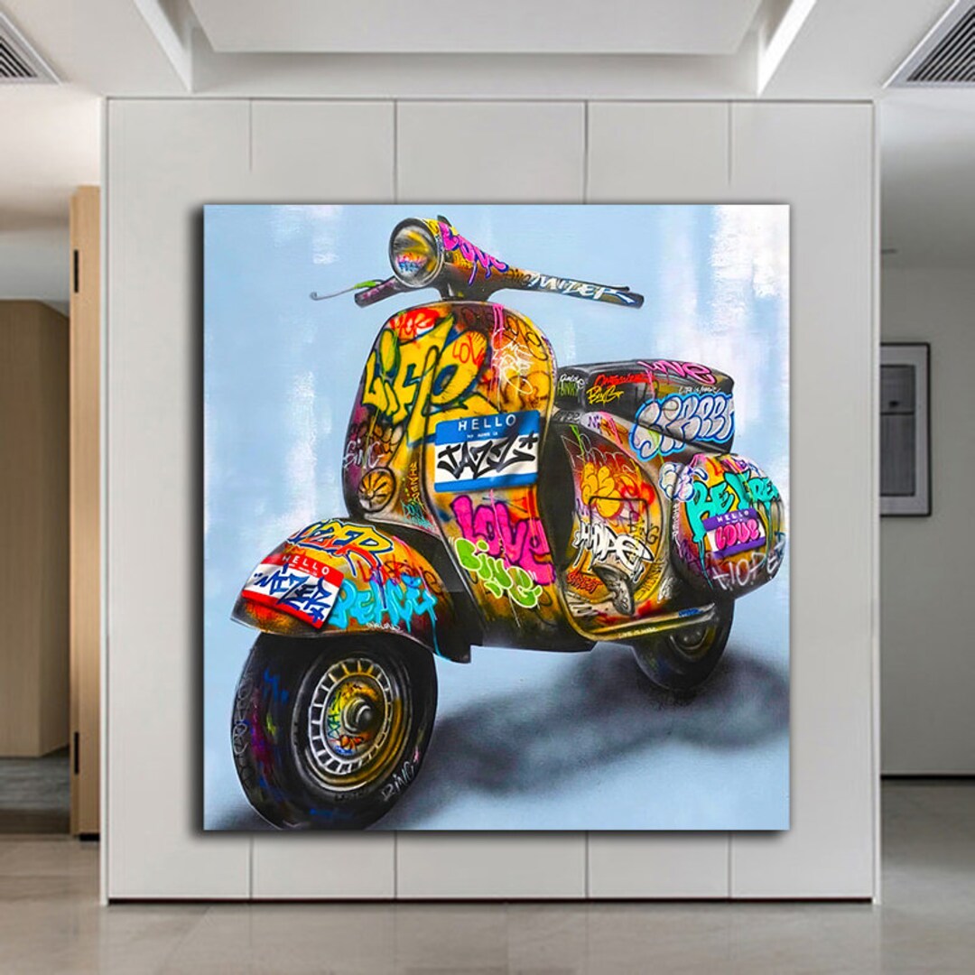 Graffiti Motorcycle Canvas, Banksy Wall Art, Graffiti Canvas Painting ...