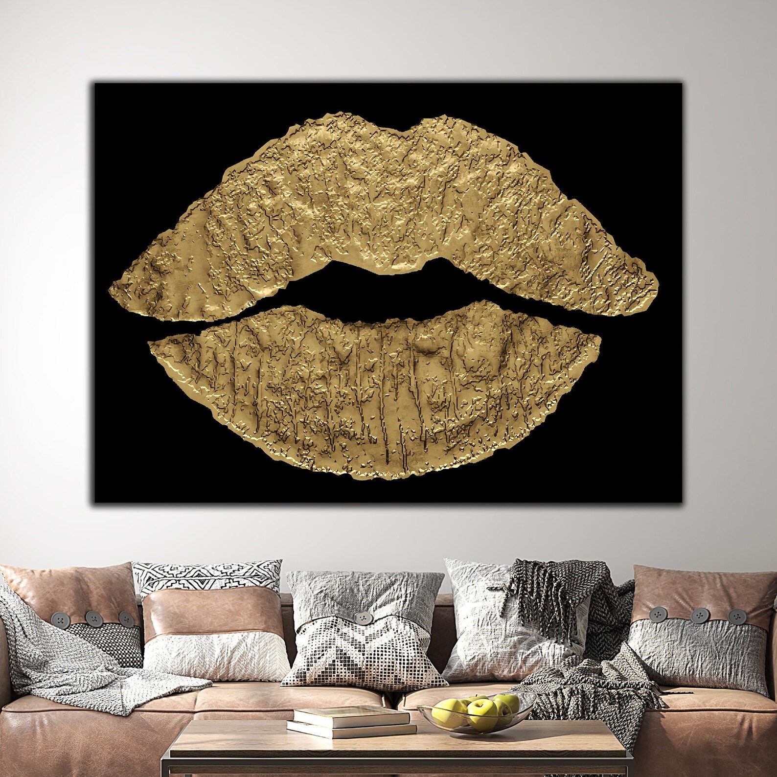 Gold Lip Canvas Painting, Lip Canvas Print, 3d Effect Canvas Art, Lips ...