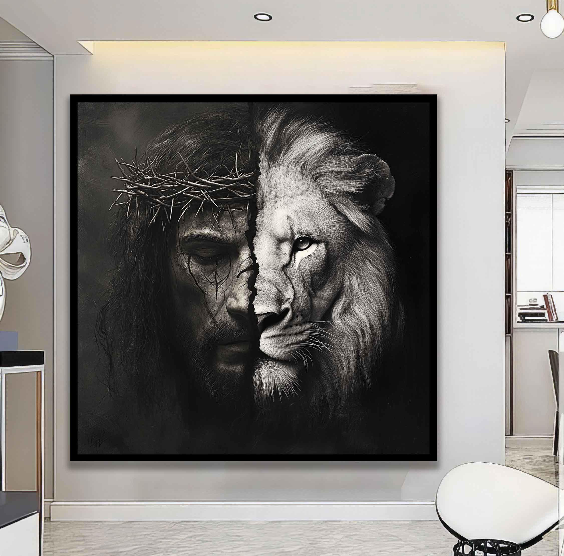 Jesus and Lion Canvas, Jesus and Lion Portrait Art, Jesus and Lion ...