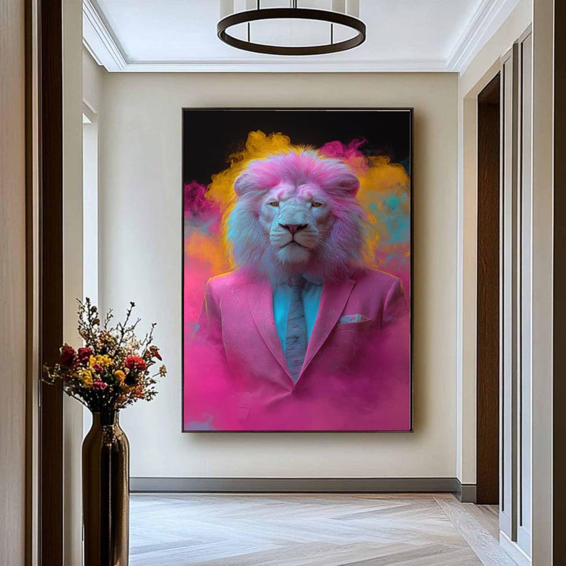 Majestic Pink Lion Canvas, Fantasy Animal Portrait, Surreal Wall Art ...