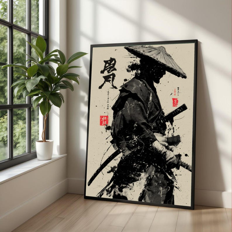 Traditional Samurai Warrior Art, Ink Splash Canvas, Japanese Katana ...