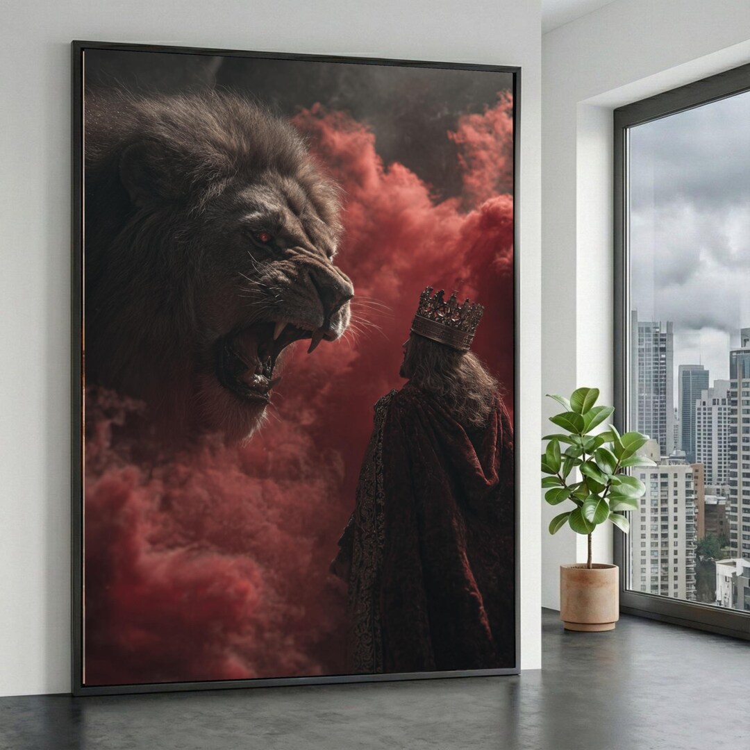 Fierce Lion Roar Meets Regal King Canvas, Dramatic Red Smoke Art ...