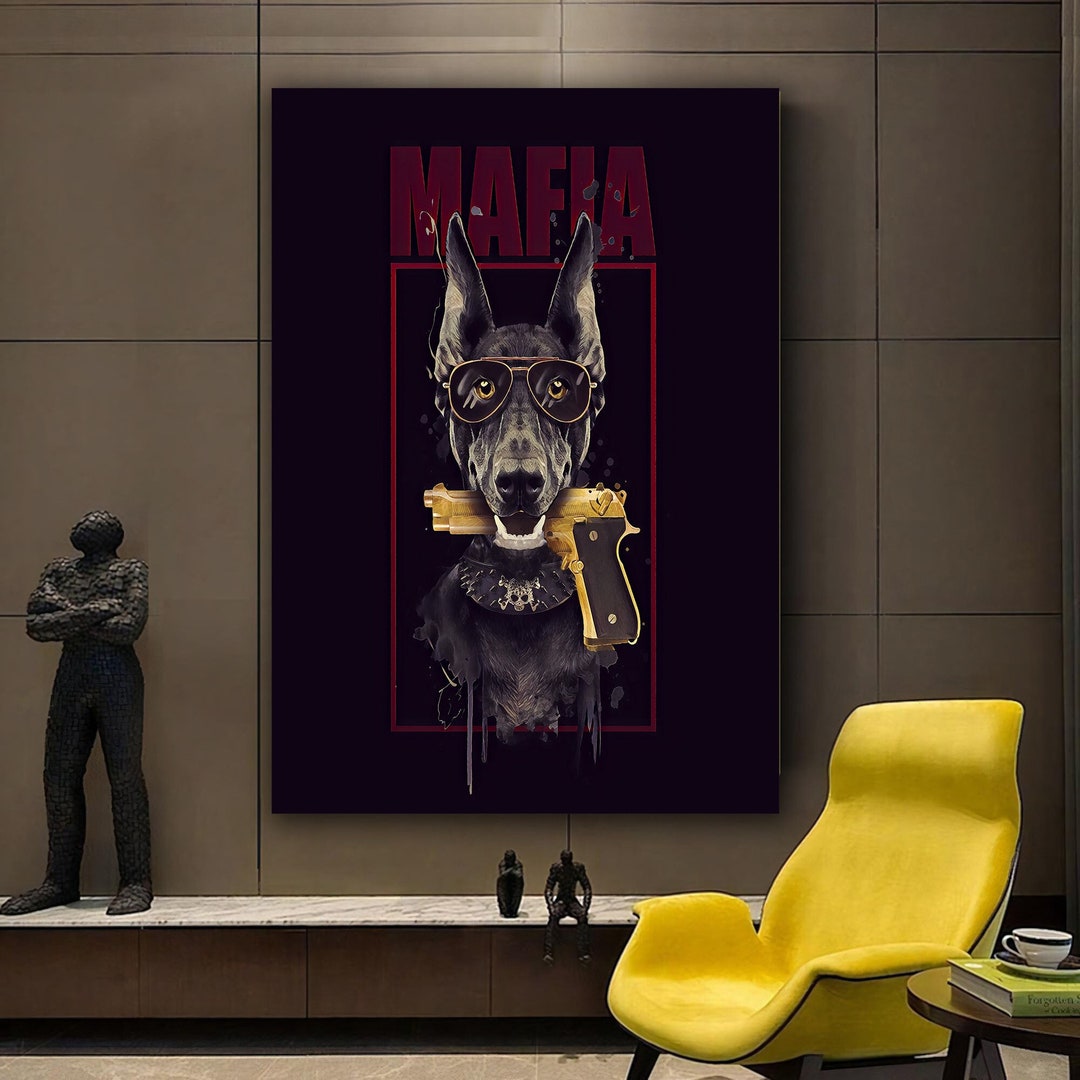 Doberman and Gun Canvas, Dog in Gun Mouth Painting, Gun and Dog Print ...