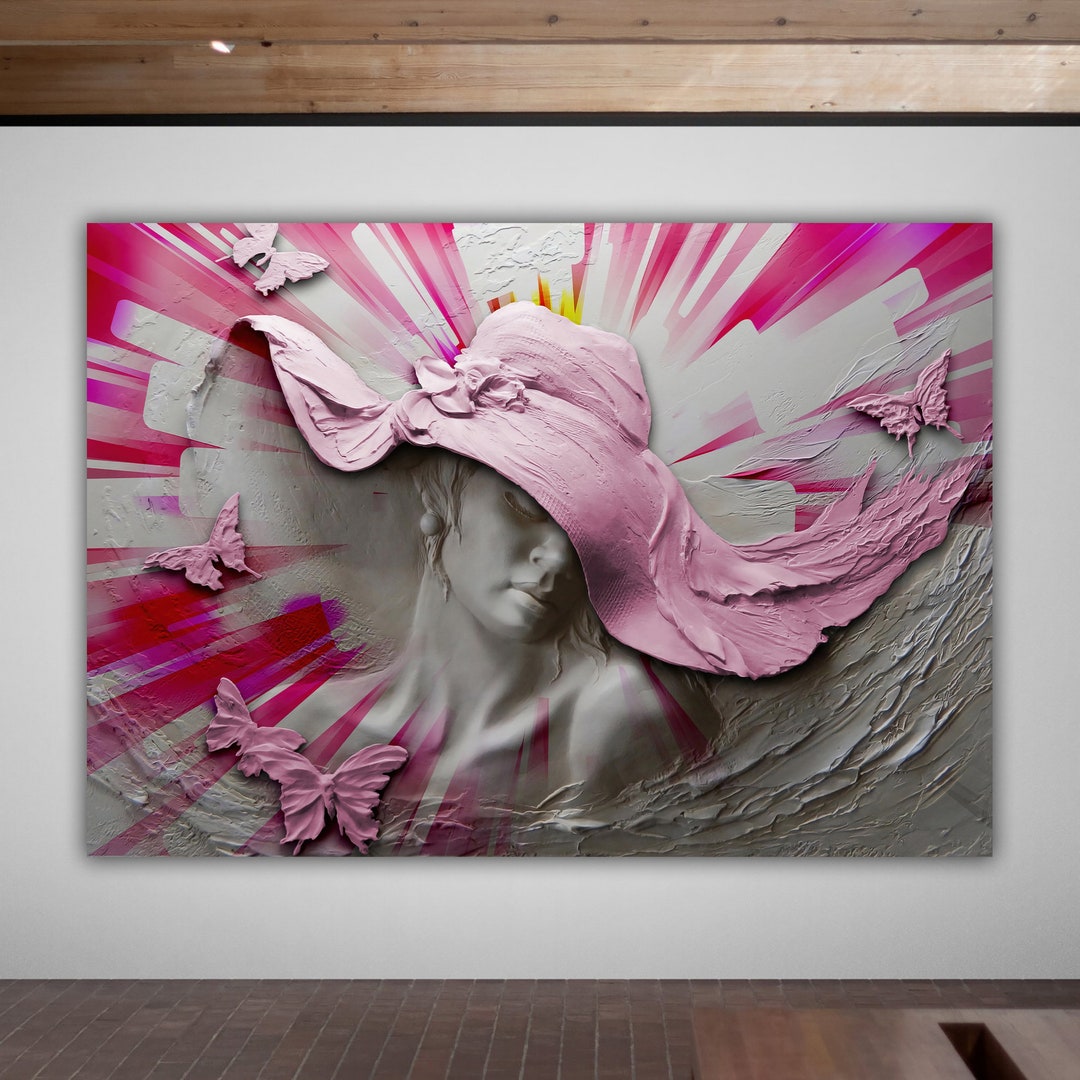 3d Effect Woman in Hat Canvas Painting, Stone Woman Canvas Print, Woman ...