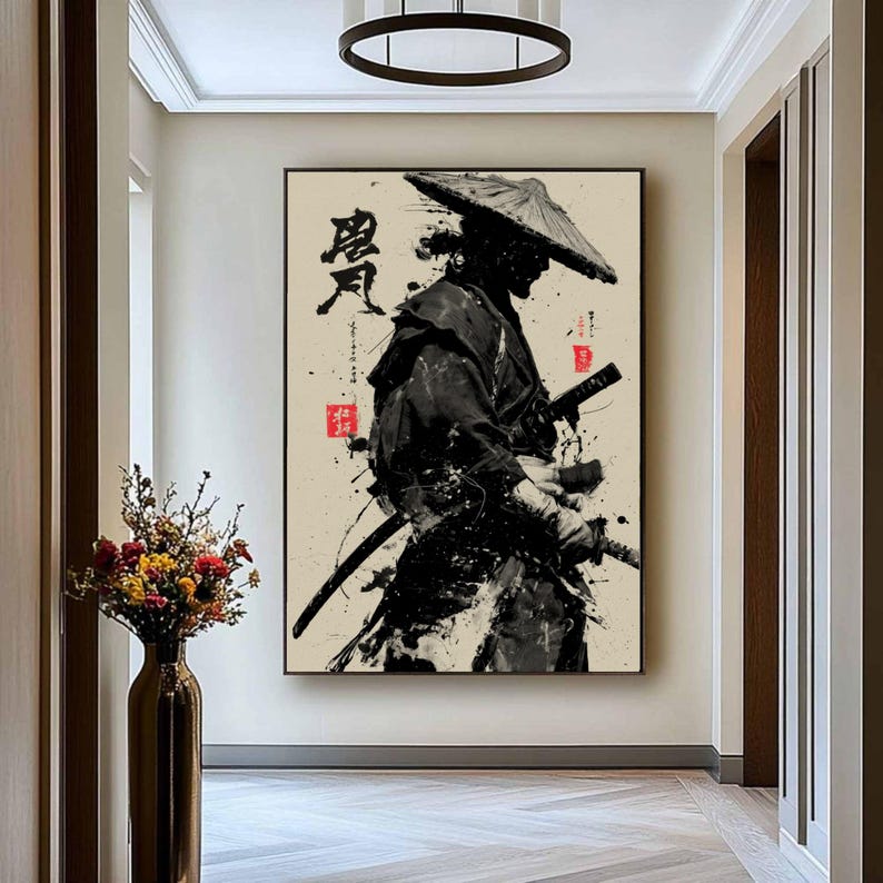 Traditional Samurai Warrior Art, Ink Splash Canvas, Japanese Katana ...