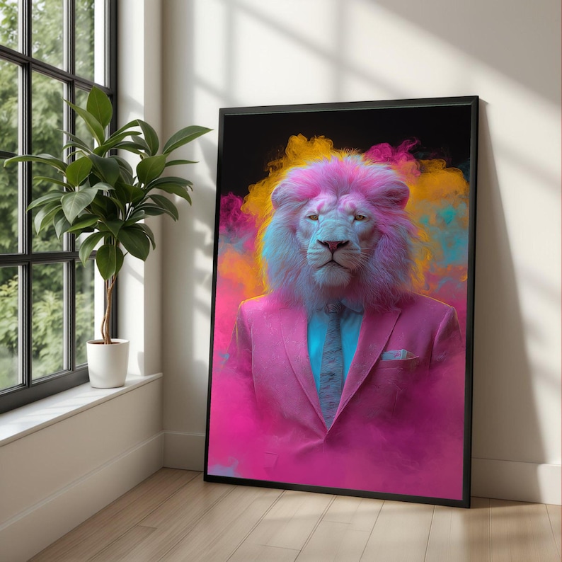 Majestic Pink Lion Canvas, Fantasy Animal Portrait, Surreal Wall Art ...