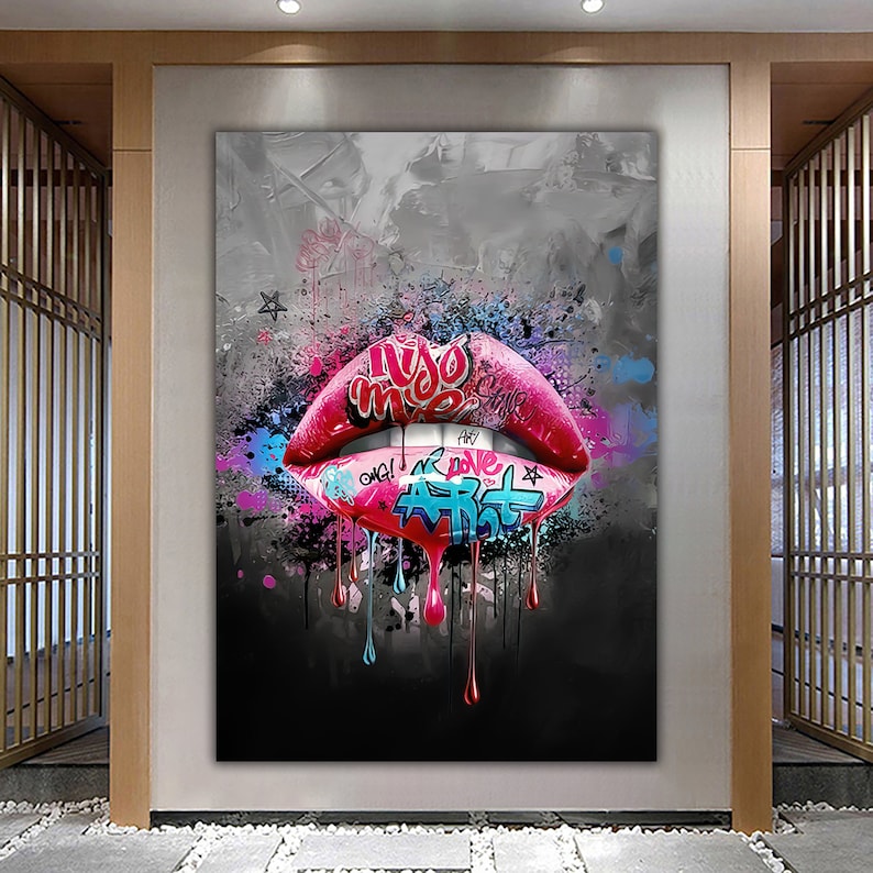 Graffiti Lip Canvas, Pop Art Lip Painting, Artistic Lip Art, Pink Lip ...